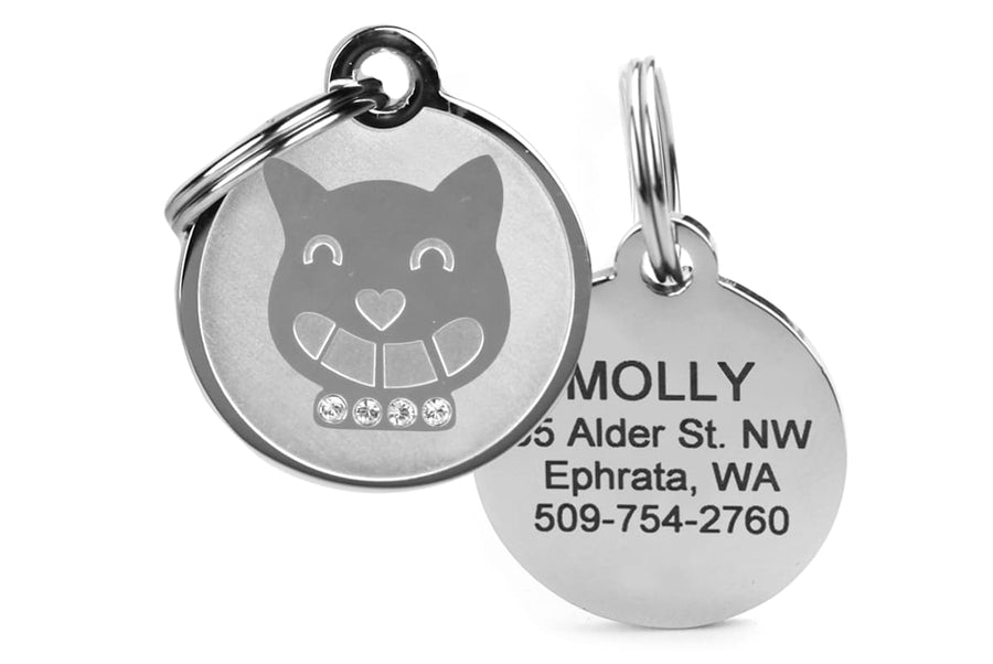 Grinning Cat Tag with Crystals | Custom Engraved – GoTags